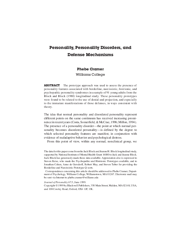 (PDF) Personality, Personality Disorders, and Defense Mechanisms