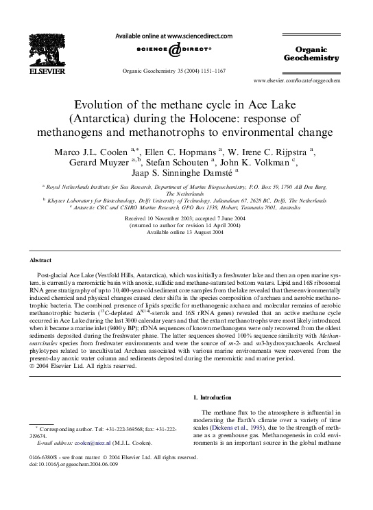 (PDF) Evolution of the methane cycle in Ace Lake (Antarctica) during ...