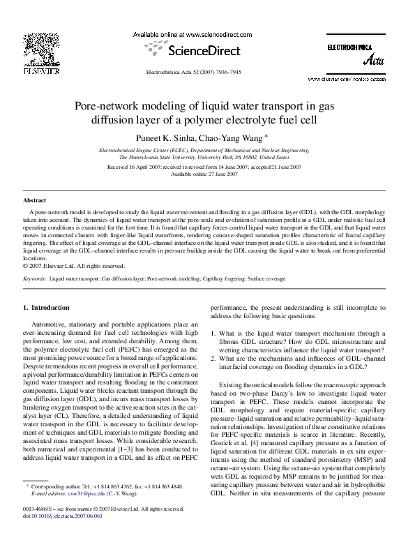 (PDF) Pore-network modeling of liquid water transport in gas diffusion layer of a polymer ...