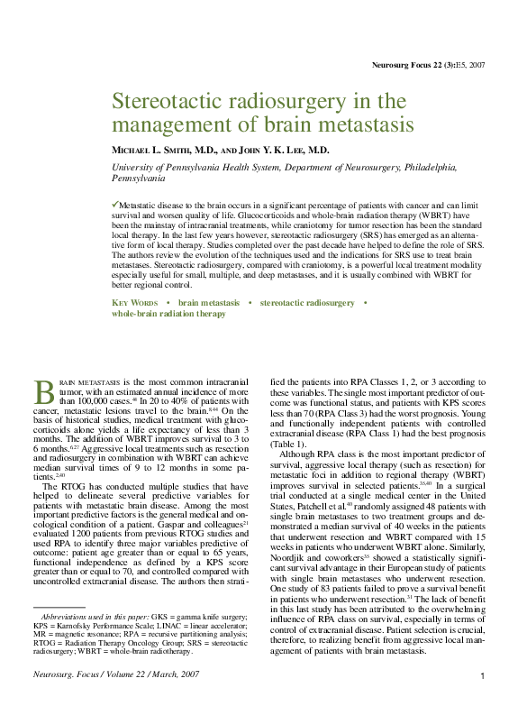 (PDF) Stereotactic Radiosurgery in the Management of Brain Metastases: An Institutional ...