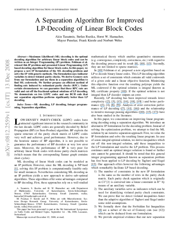 A Separation Algorithm For Improved Lp Decoding Of Linear Block Codes