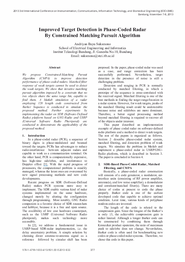 Pdf Improved Target Detection In Phase Coded Radar By Constrained Matching Pursuit Algorithm