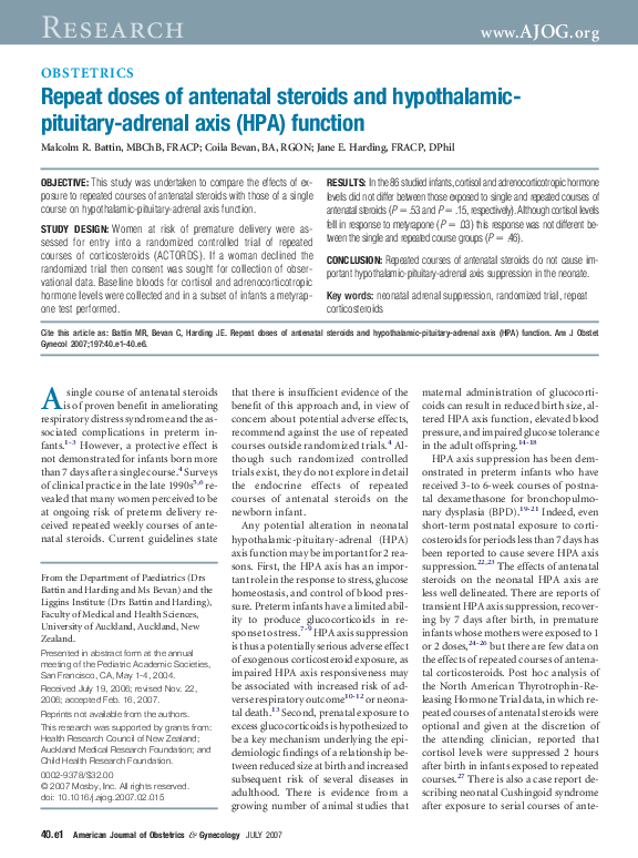 (PDF) Repeat doses of antenatal steroids and hypothalamic-pituitary-adrenal axis (HPA) function