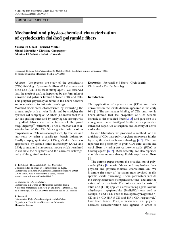 (PDF) Mechanical and physico-chemical characterization of cyclodextrin finished polyamide fibers