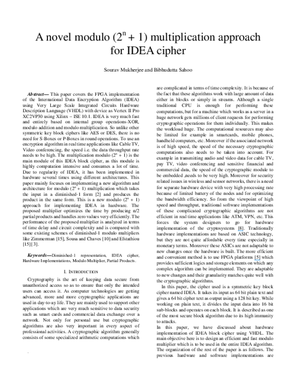 (PDF) A novel modulo (2n+ 1) multiplication approach for IDEA cipher