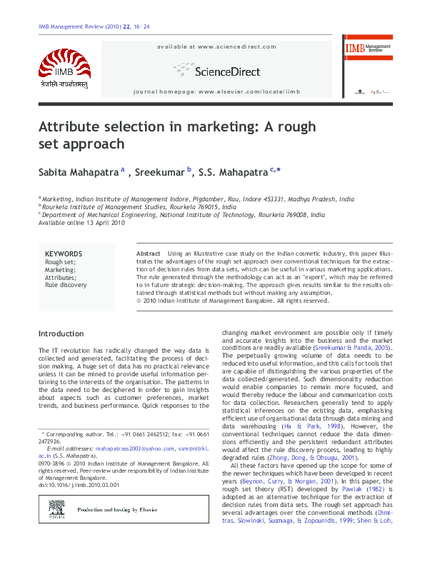 (PDF) Attribute Selection in Marketing: A Rough Set Approach