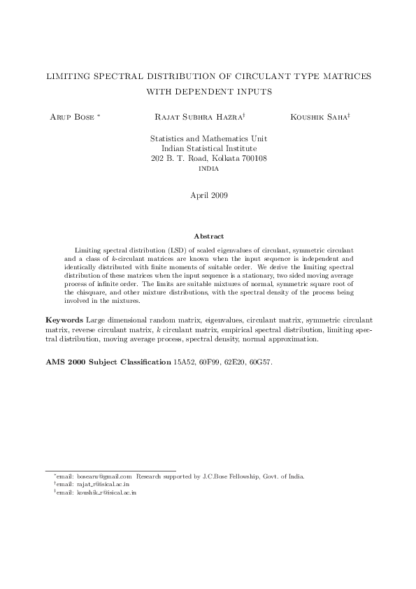 Pdf Limiting Spectral Distribution Of Circulant Type Matrices With Dependent Inputs