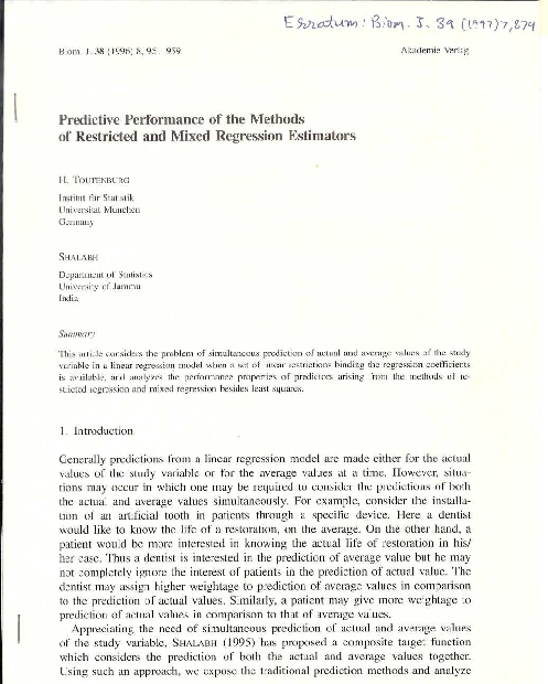 (PDF) Predictive Performance of the Methods of Restricted and Mixed Regression Estimators