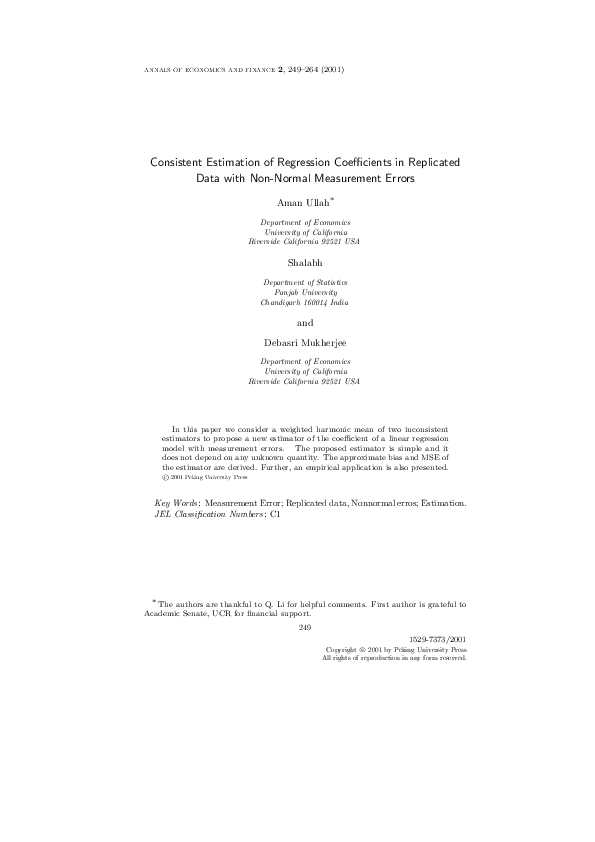 Pdf Consistent Estimation Of Regression Coefficients In Replicated Data With Non Normal