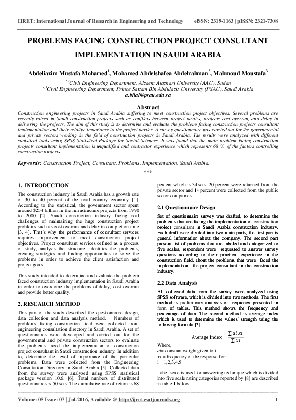 (PDF) PROBLEMS FACING CONSTRUCTION PROJECT CONSULTANT IMPLEMENTATION IN ...