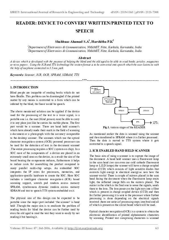 (PDF) READER: DEVICE TO CONVERT WRITTEN/PRINTED TEXT TO SPEECH