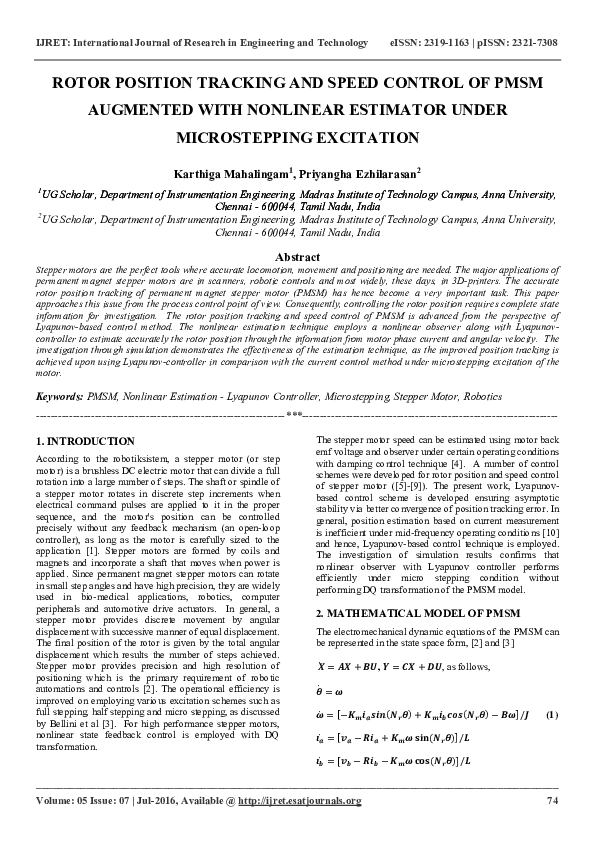 Pdf Rotor Position Tracking And Speed Control Of Pmsm Augmented With Nonlinear Estimator Under