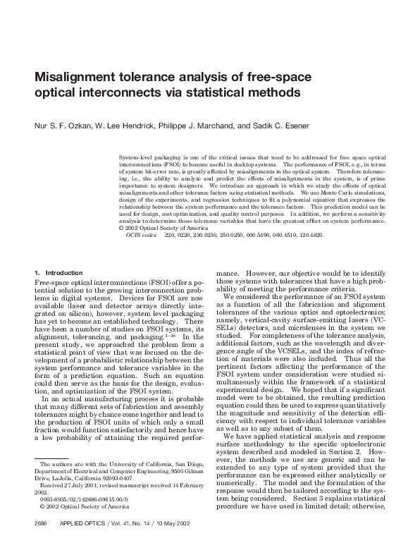 Pdf Misalignment Tolerance Analysis Of Free Space Optical Interconnects Via Statistical Methods