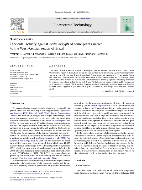 (PDF) Larvicidal activity against Aedes aegypti of some plants native to the West-Central region ...