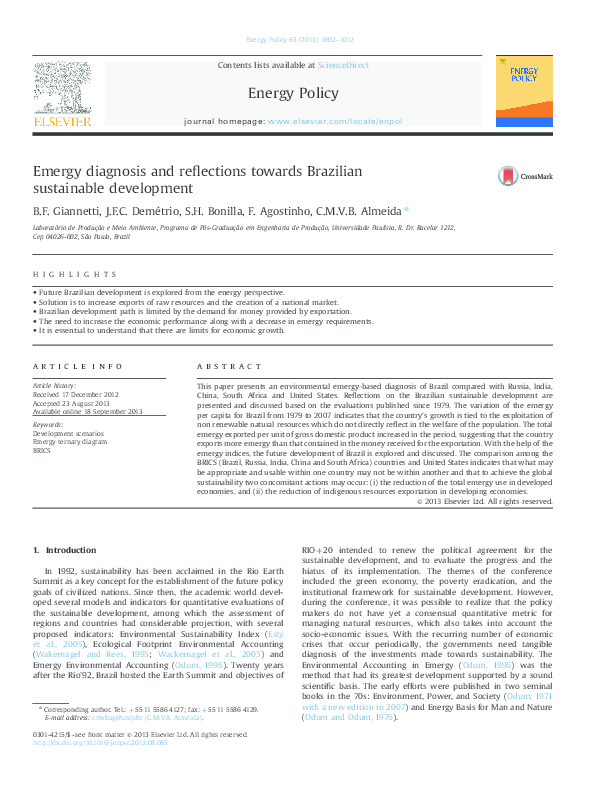 (PDF) Emergy diagnosis and reflections towards Brazilian sustainable ...