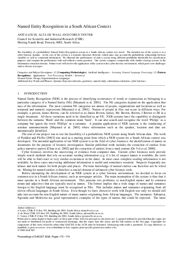 (PDF) Named entity recognition in a South African context