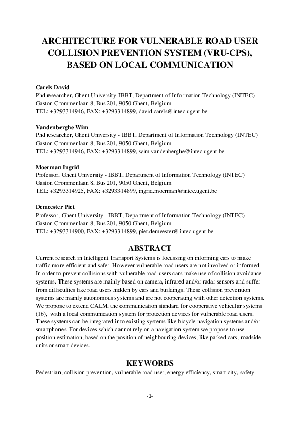 Pdf Architecture For Vulnerable Road User Collision Prevention System Vru Cps Based On