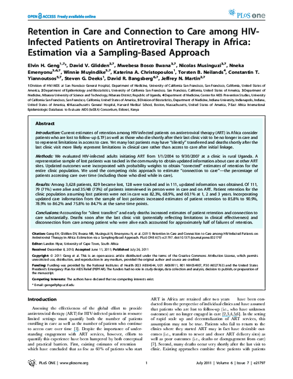 (PDF) Retention in care and connection to care among HIV-infected ...