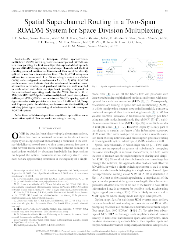 (PDF) Spatial Superchannel Routing in a Two-Span ROADM System for Space Division Multiplexing