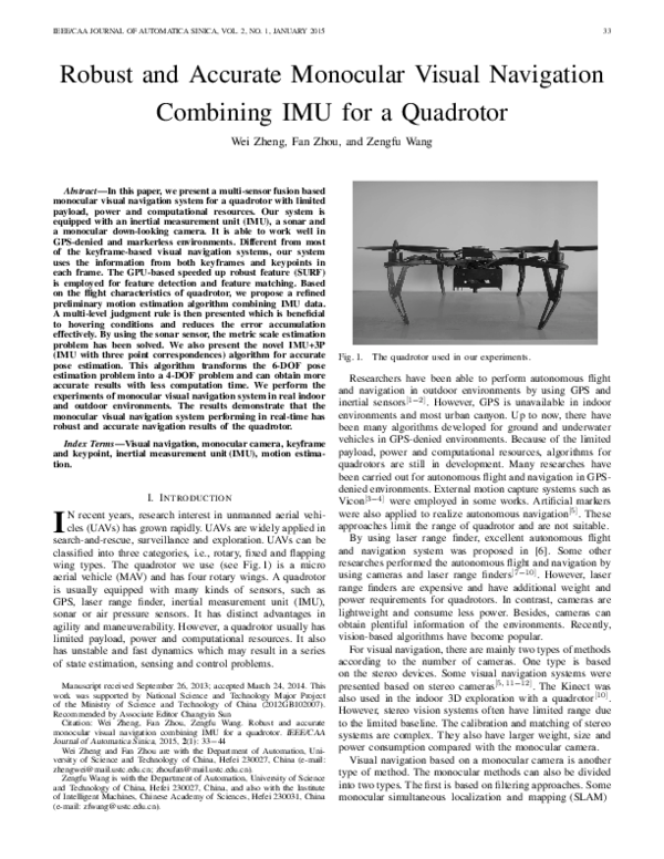 Pdf Robust And Accurate Monocular Visual Navigation Combining Imu For
