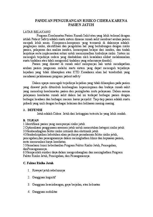 (DOC) PANDUAN PENGURANGAN RISIKO CIDERA KARENA PASIEN JATUH