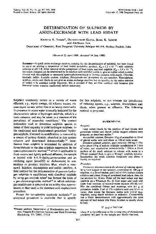 (PDF) Determination of sulphide by anion-exchange with lead iodate