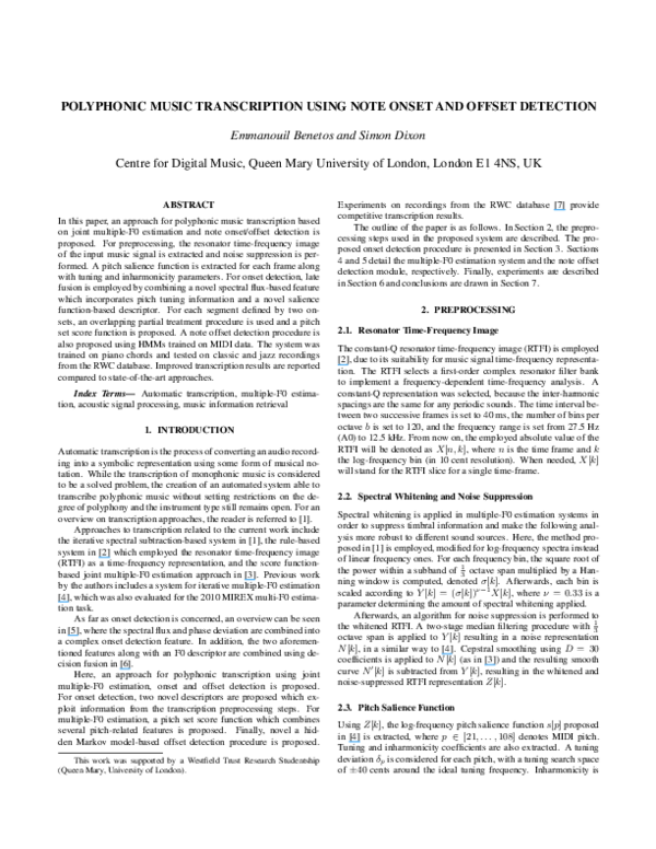 (PDF) Polyphonic music transcription using note onset and offset detection