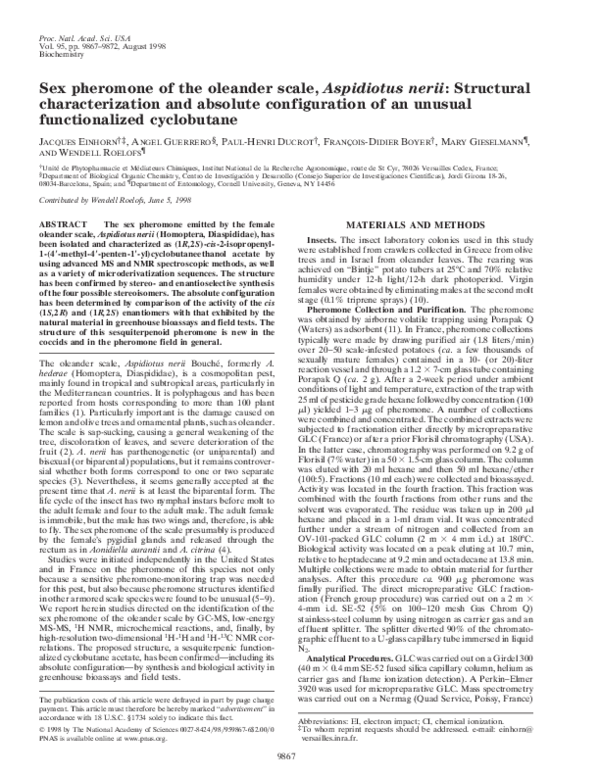 Pdf Sex Pheromone Of The Oleander Scale Aspidiotus Nerii Structural Characterization And