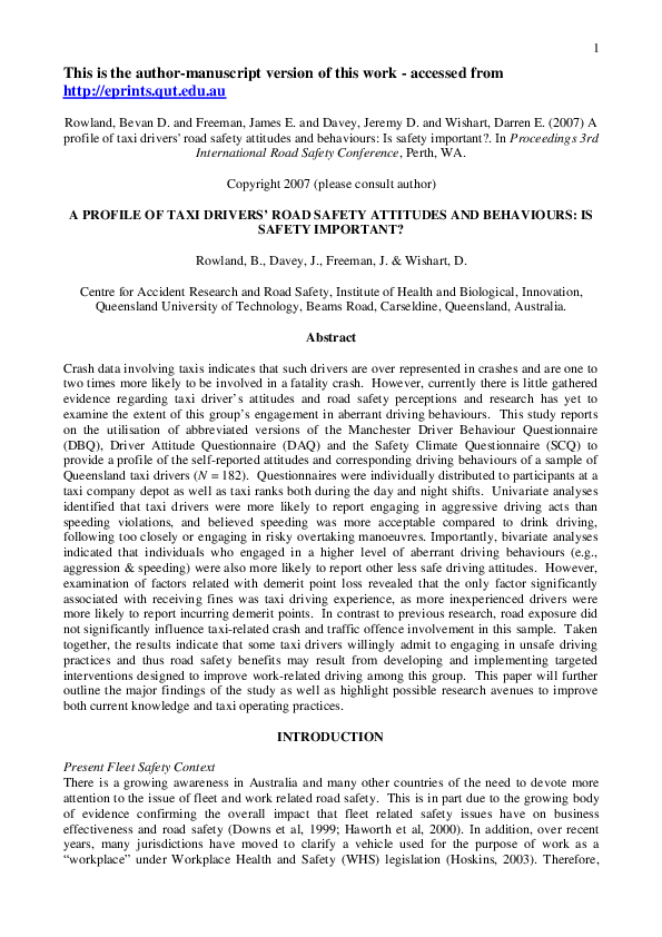 (PDF) A profile of taxi drivers' road safety attitudes and behaviours ...