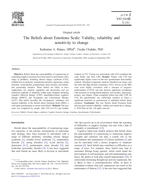 (PDF) The Beliefs about Emotions Scale: Validity, reliability and sensitivity to change