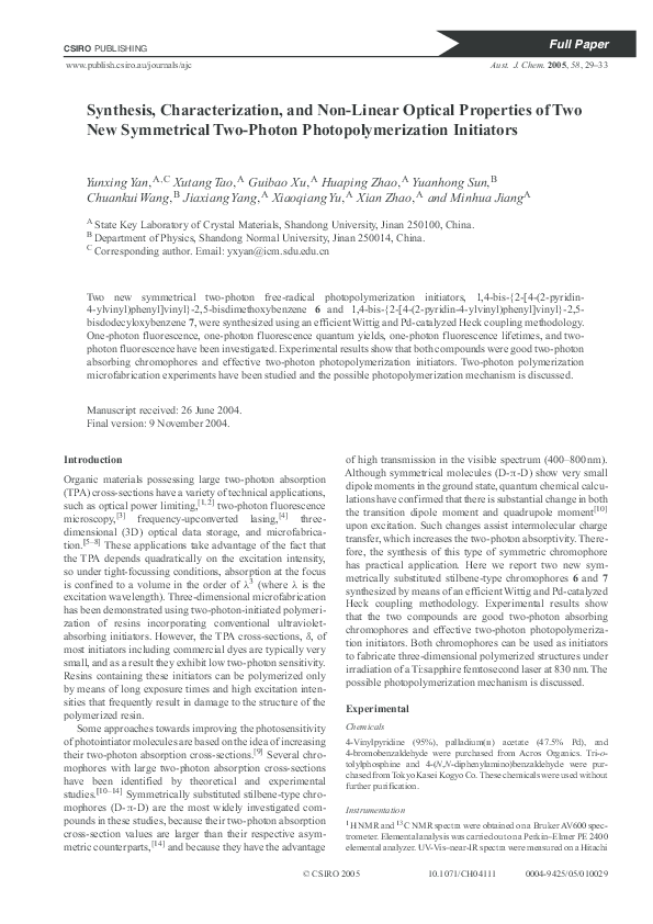 Pdf Synthesis Characterization And Non Linear Optical Properties Of Two New Symmetrical Two
