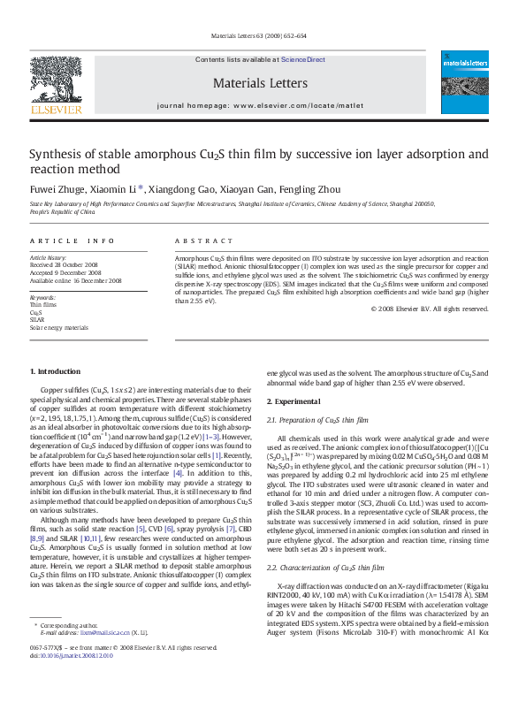 (PDF) Synthesis of stable amorphous Cu 2S thin film by successive ion ...
