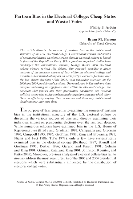 (PDF) Partisan Bias in the Electoral College: Cheap States and Wasted Votes