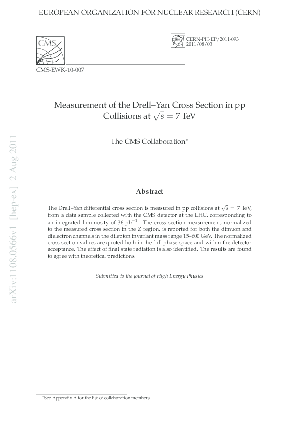 (PDF) Measurement of the Drell-Yan cross section in pp collisions at $ \sqrt {s} = 7 $ TeV