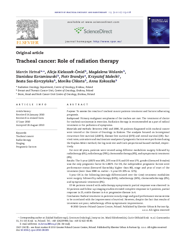 (PDF) Tracheal cancer: Role of radiation therapy