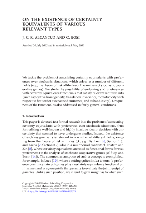 (PDF) On the existence of certainty equivalents of various relevant types