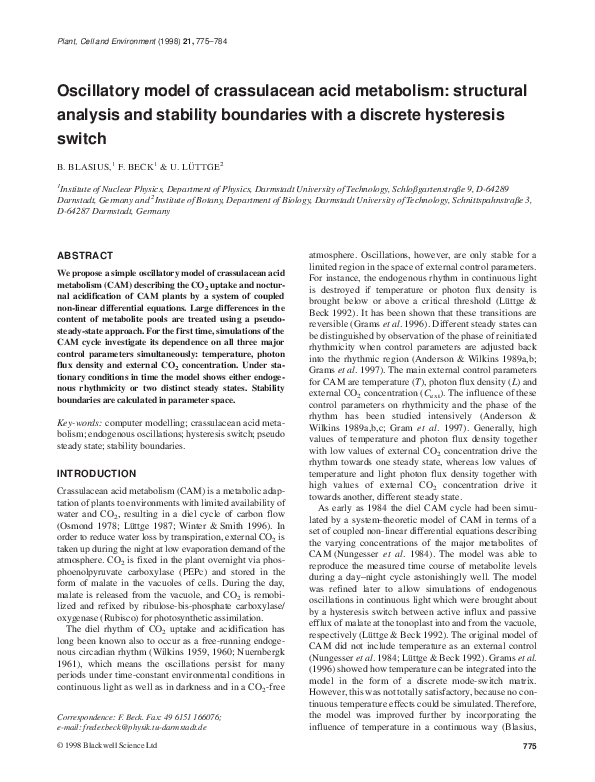 (PDF) Oscillatory model of crassulacean acid metabolism with a dynamic hysteresis switch