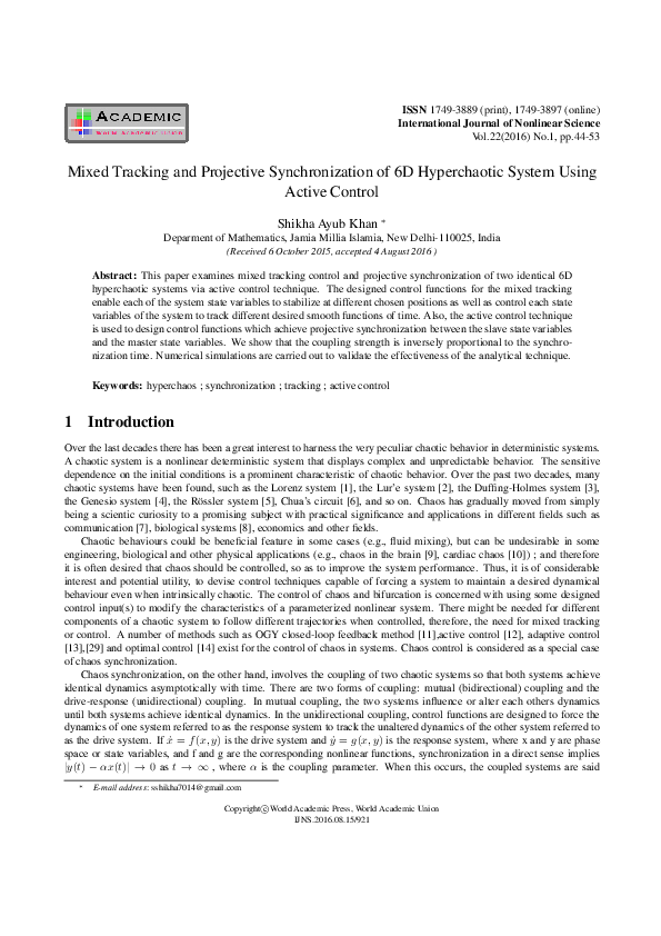 Pdf Mixed Tracking And Projective Synchronization Of 6d Hyperchaotic System Using Active