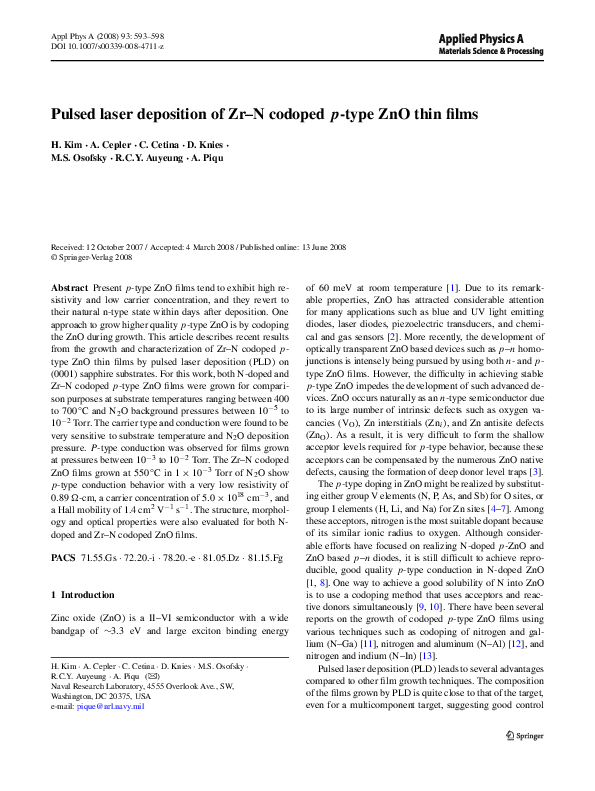 (PDF) Pulsed laser deposition of Zr–N codoped p -type ZnO thin films