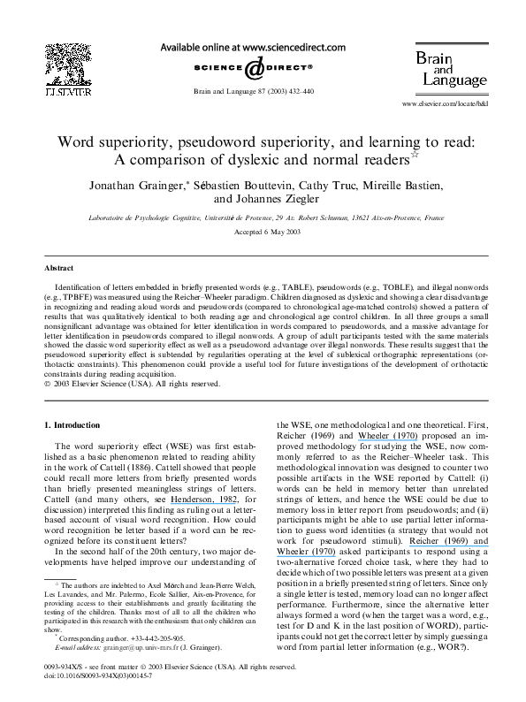 (PDF) Word superiority, pseudoword superiority, and learning to read: A comparison of dyslexic ...