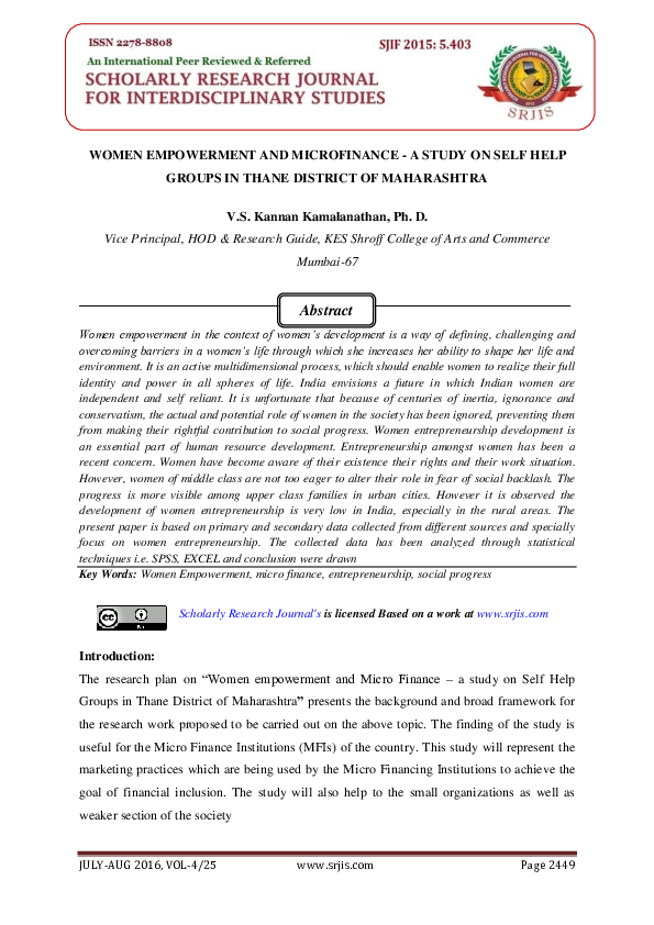(PDF) WOMEN EMPOWERMENT AND MICROFINANCE -A STUDY ON SELF HELP GROUPS IN THANE DISTRICT OF ...