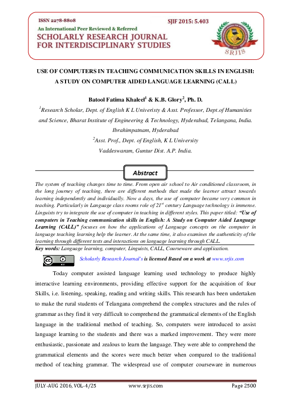 (PDF) USE OF COMPUTERS IN TEACHING COMMUNICATION SKILLS IN ENGLISH: A STUDY ON COMPUTER AIDED ...