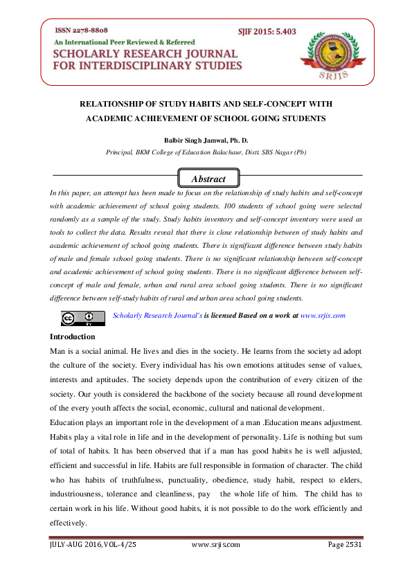 (PDF) RELATIONSHIP OF STUDY HABITS AND SELF-CONCEPT WITH ACADEMIC ...