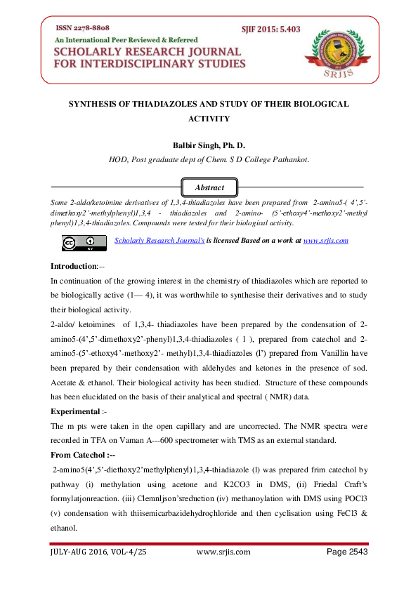 (PDF) SYNTHESIS OF THIADIAZOLES AND STUDY OF THEIR BIOLOGICAL ACTIVITY