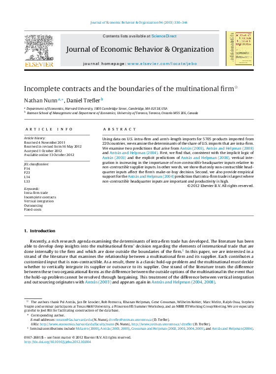 (PDF) Incomplete contracts and the boundaries of the multinational firm