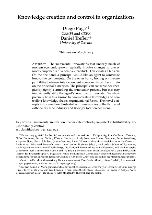 (PDF) Knowledge Creation and Control in Organizations