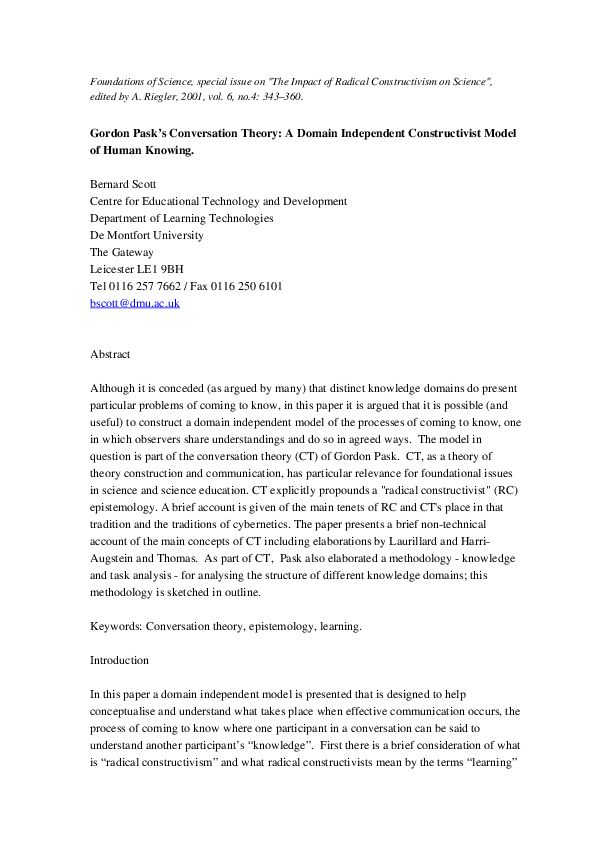 (PDF) Gordon Pask's conversation theory: A domain independent ...