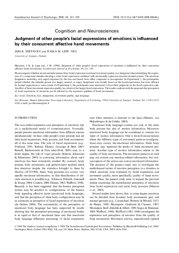 (PDF) Judgment of other people's facial expressions of emotions is ...