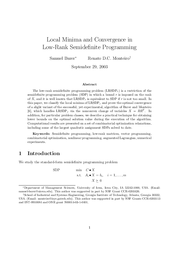 Pdf Local Minima And Convergence In Low Rank Semidefinite Programming