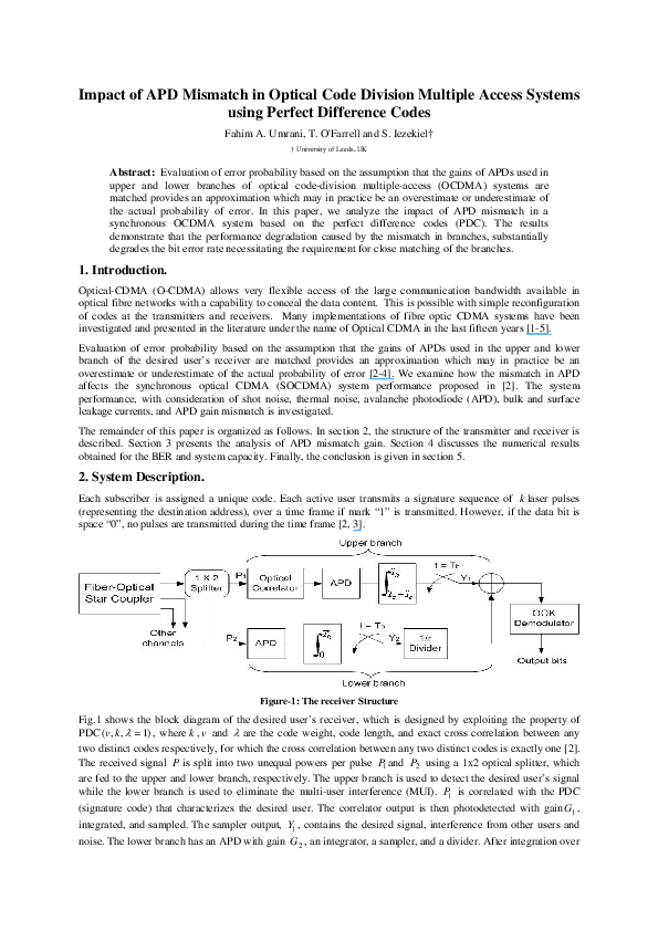 (PDF) Impact of APD Mismatch in Optical Code Division Multiple Access Systems using Perfect ...
